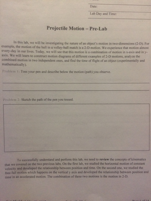 Solved Date: Lab Day and Time: Projectile Motion - Pre-Lab | Chegg.com