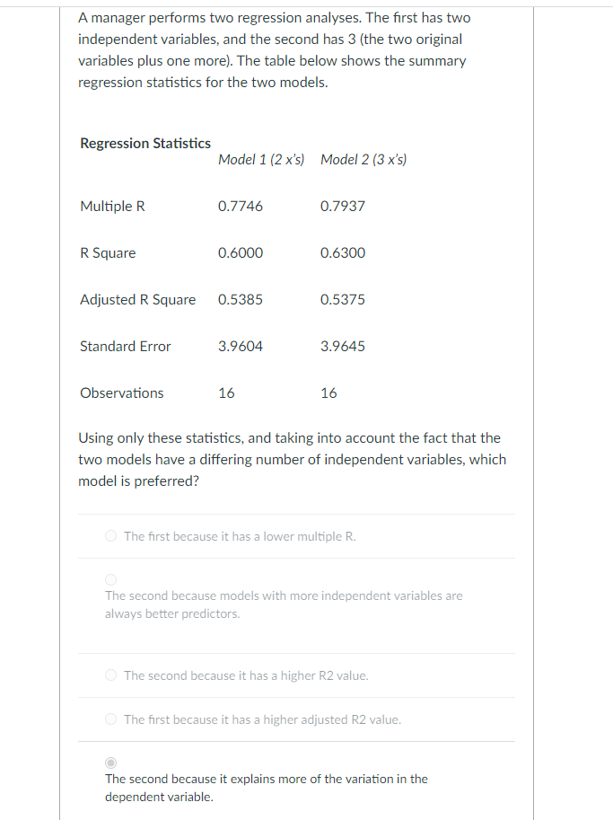 Solved A manager performs two regression analyses. The first | Chegg.com