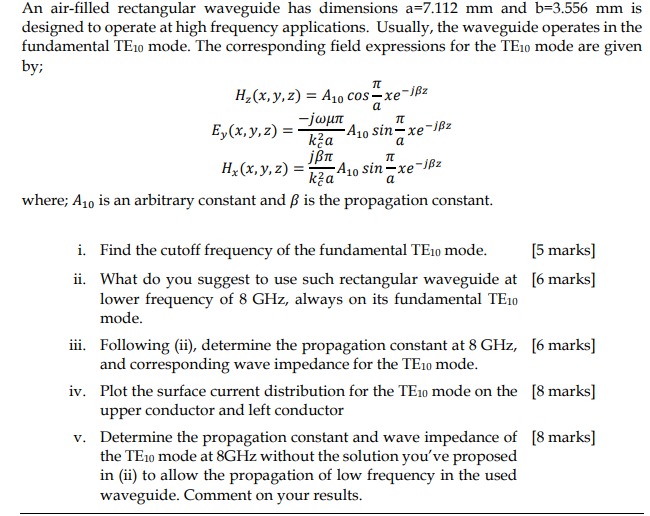 Solved An air-filled rectangular waveguide has dimensions | Chegg.com