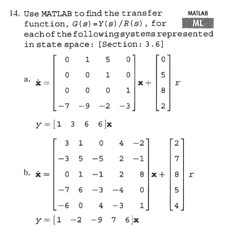 Solved 14. Use MATLAB to find the transfer MATLAB function, | Chegg.com