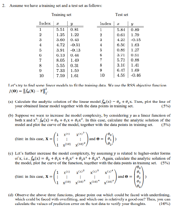 2. Assume we have a training set and a test set as | Chegg.com
