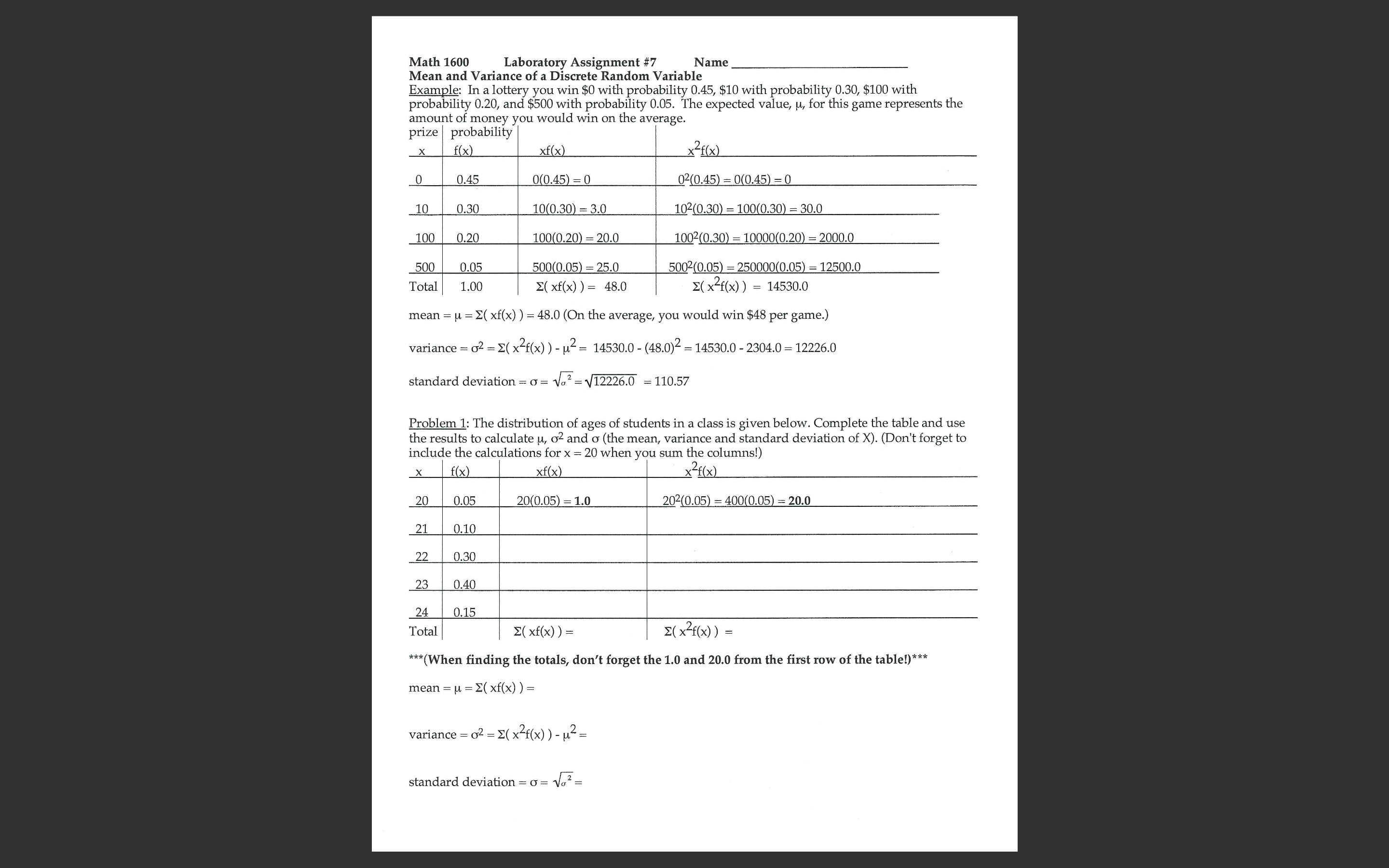 Solved Math 1600 Laboratory Assignment \#7 Name Mean and | Chegg.com