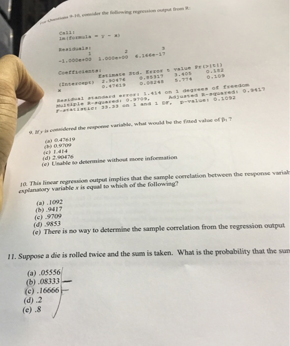 Solved 9-10, consider the following regression output from R | Chegg.com