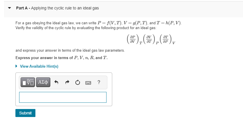 Solved Part A - Applying the cyclic rule to an ideal gas For | Chegg.com