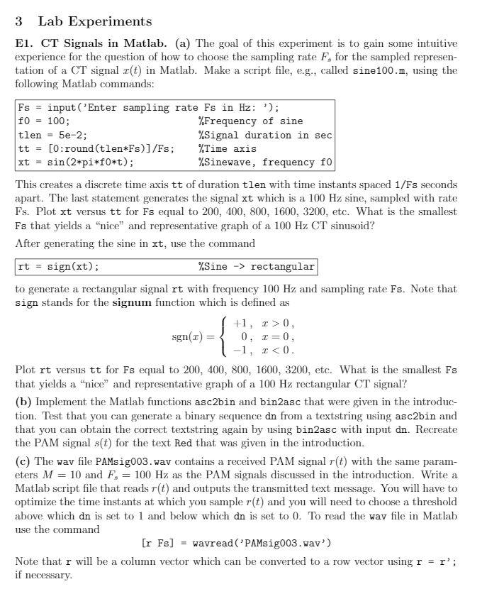 Solved tt = 3 Lab Experiments El. CT Signals in Matlab. (a) | Chegg.com