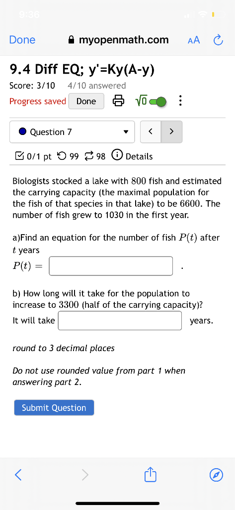 Solved Done myopenmath.com AA 9.4 Diff EQ; y'=Ky(A-y) Score: | Chegg.com