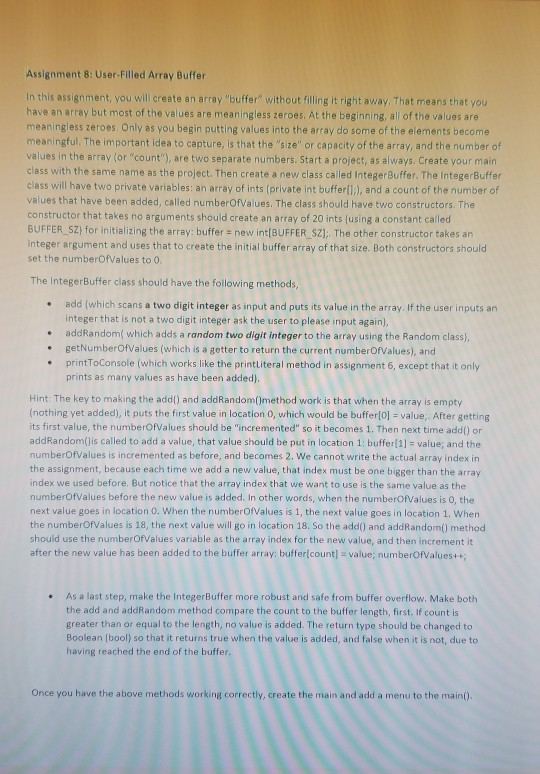 Solved Assignment 8: User-Filled Array Buffer In this | Chegg.com