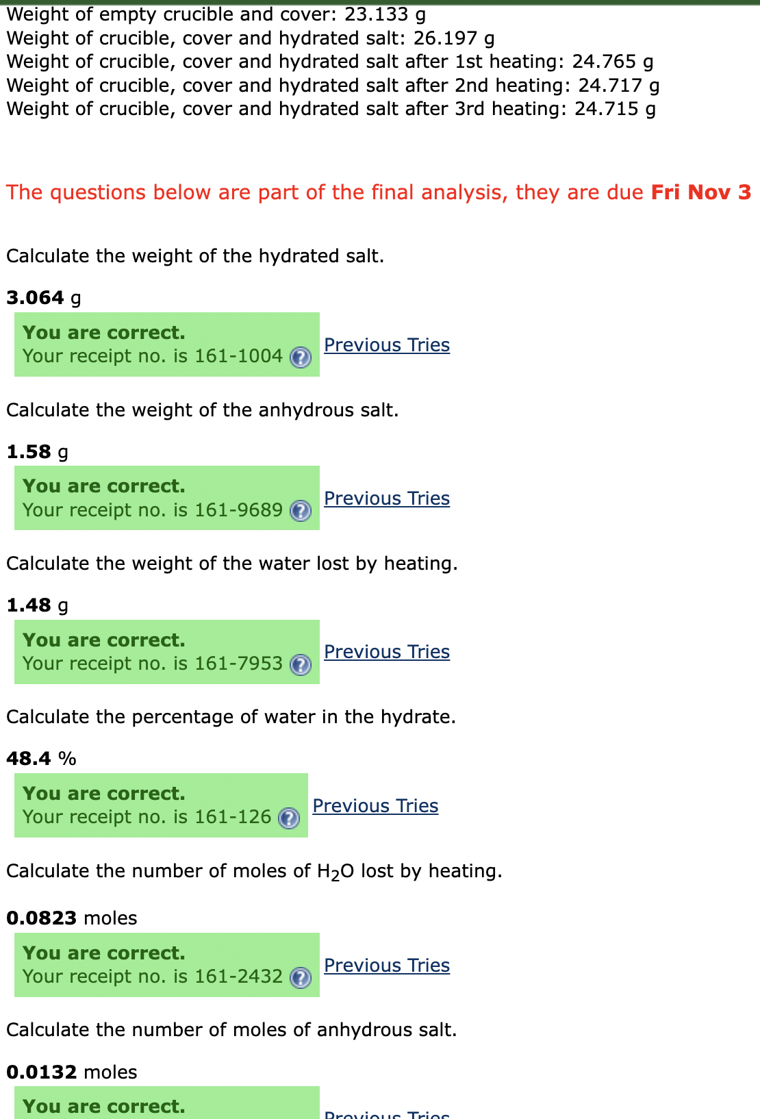 Weight of empty crucible and cover: 23.133 g Weight | Chegg.com