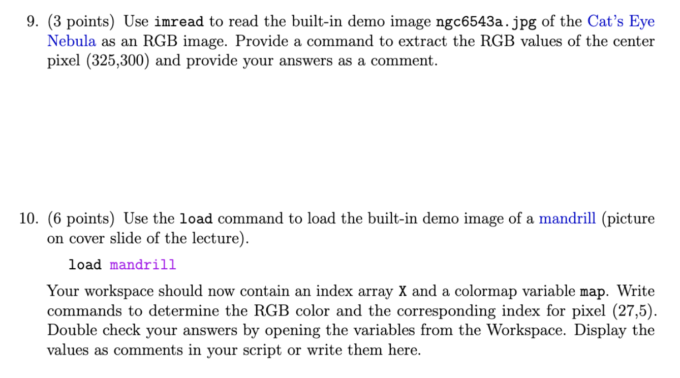 Solved 9. (3 points) Use imread to read the built-in demo | Chegg.com