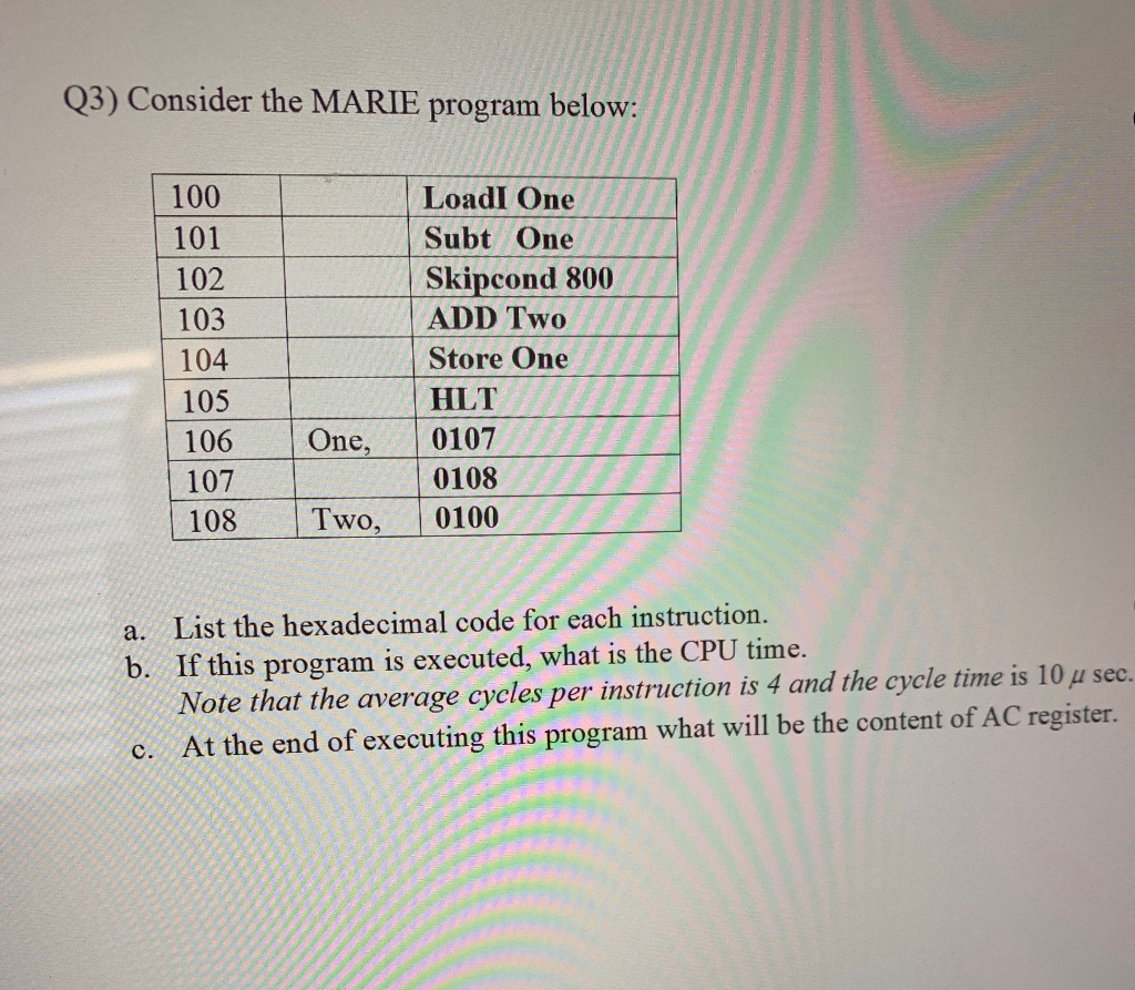 Solved Q3) Consider the MARIE program below: 100 101 102 103 | Chegg.com
