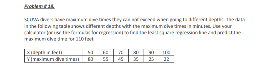 Solved Problem # 18. SCUVA divers have maximum dive times | Chegg.com