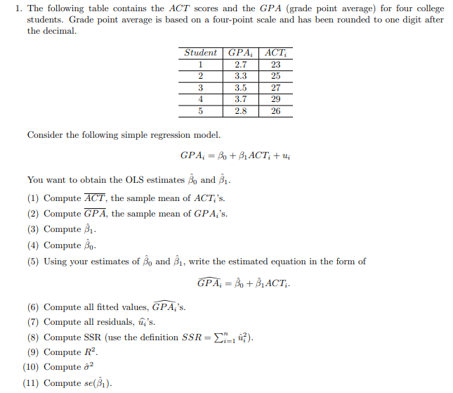 Solved The following table contains the ACT scores and the | Chegg.com