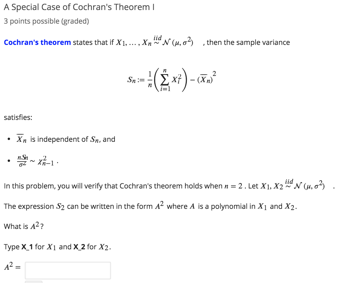 A Special Case of Cochran's Theorem | 3 points | Chegg.com A Special Case of Cochran's Theorem | 3 points | Chegg.com