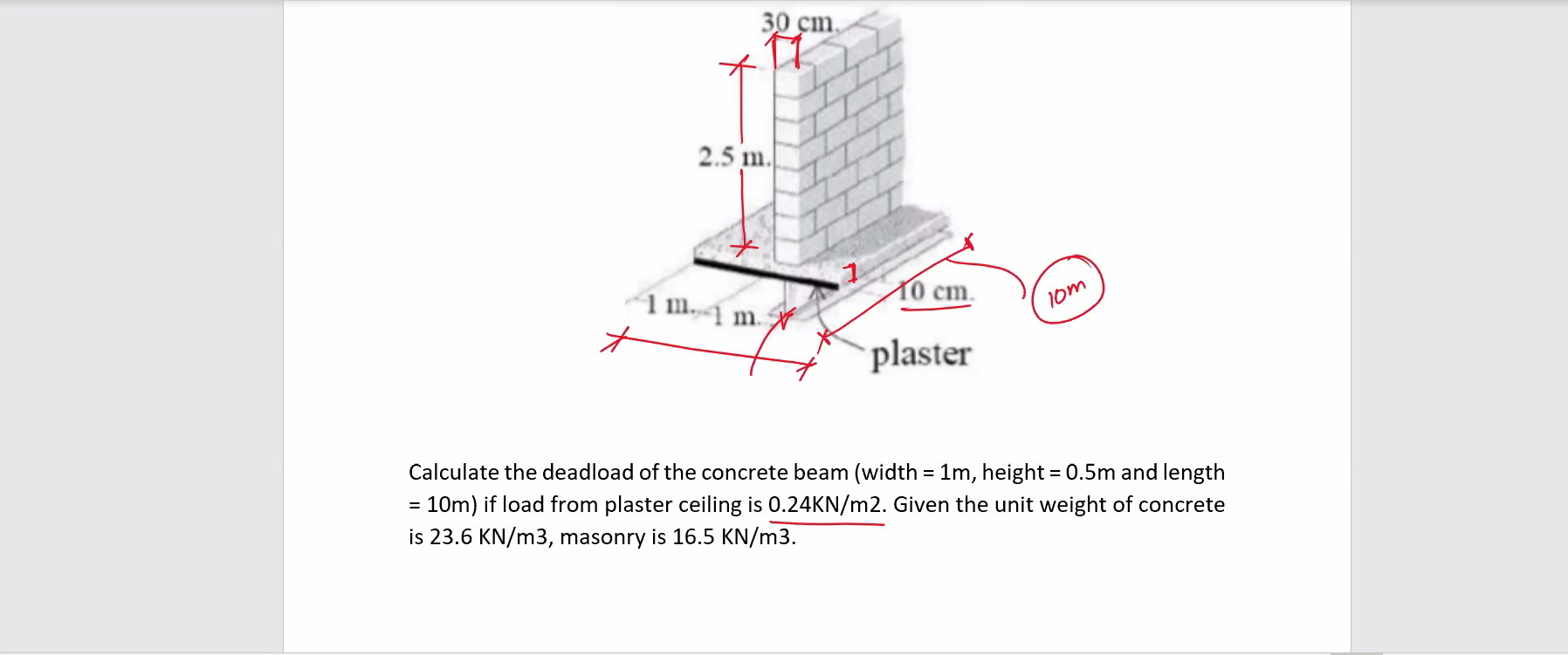 Solved 30 cm 2.5 m. 10 cm 1 1. 1 m 10m t plaster Calculate | Chegg.com
