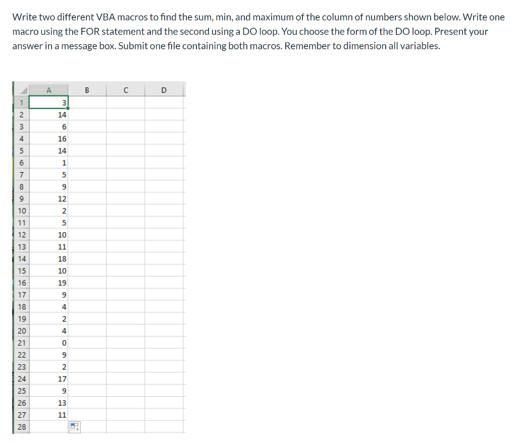Solved Write Two Different Vba Macros To Find The Sum Min