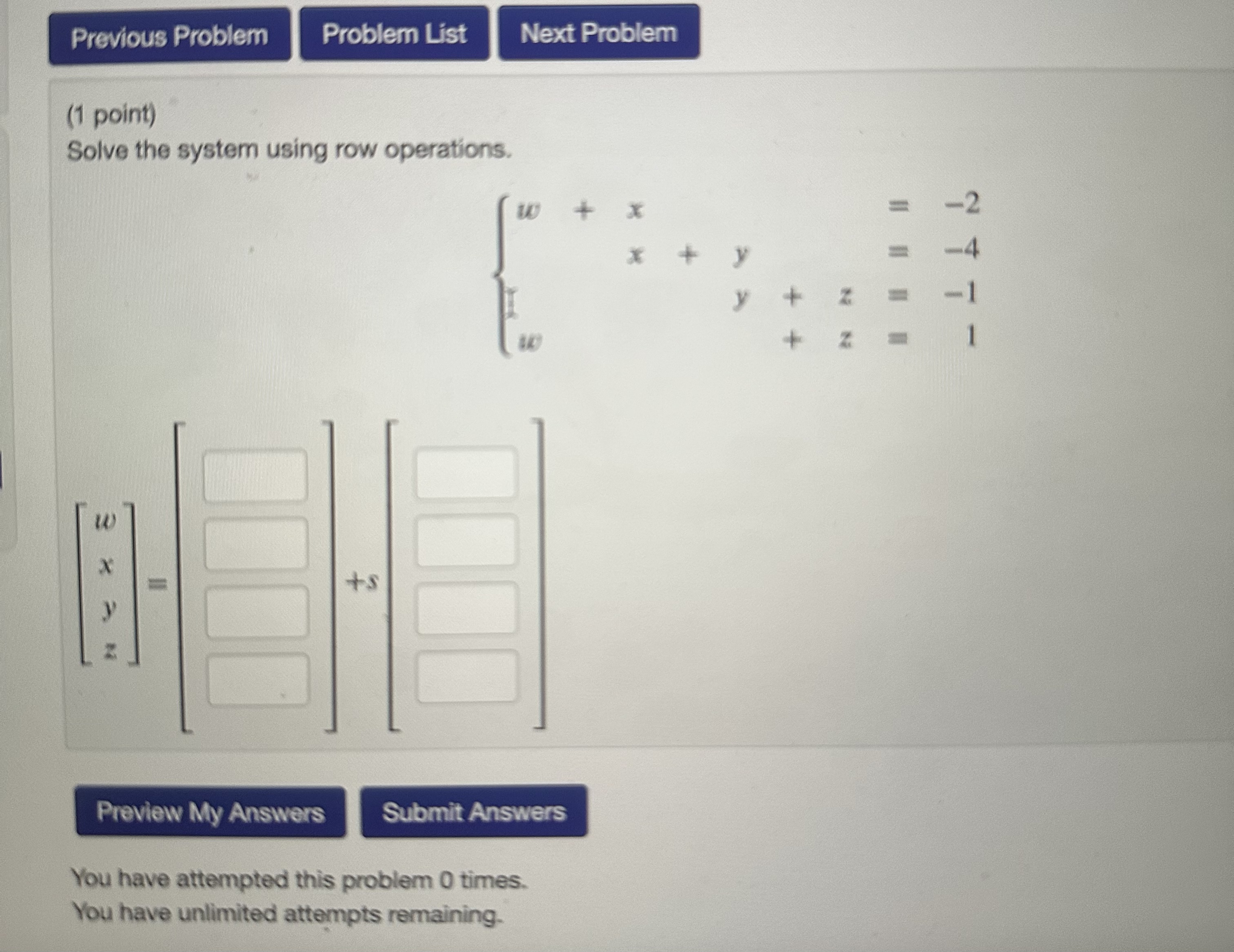 Solved (1 point) Solve the system using row operations. | Chegg.com