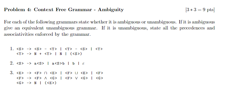 Solved Problem 4: Context Free Grammar - Ambiguity | Chegg.com