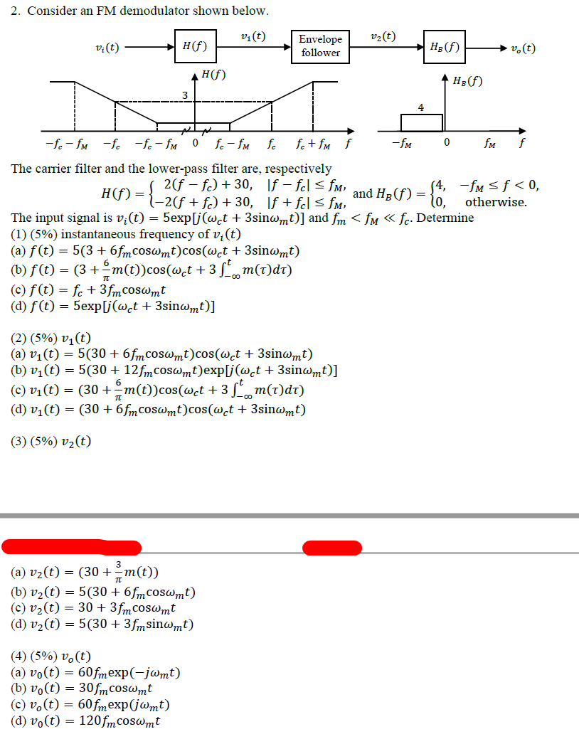 Solved 2. Consider an FM demodulator shown below. vit) v2(t) | Chegg.com