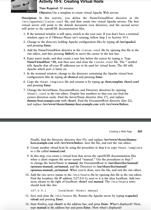 Enter ACTIVITY Activity 10-5: Creating Virtual Hosts | Chegg.com