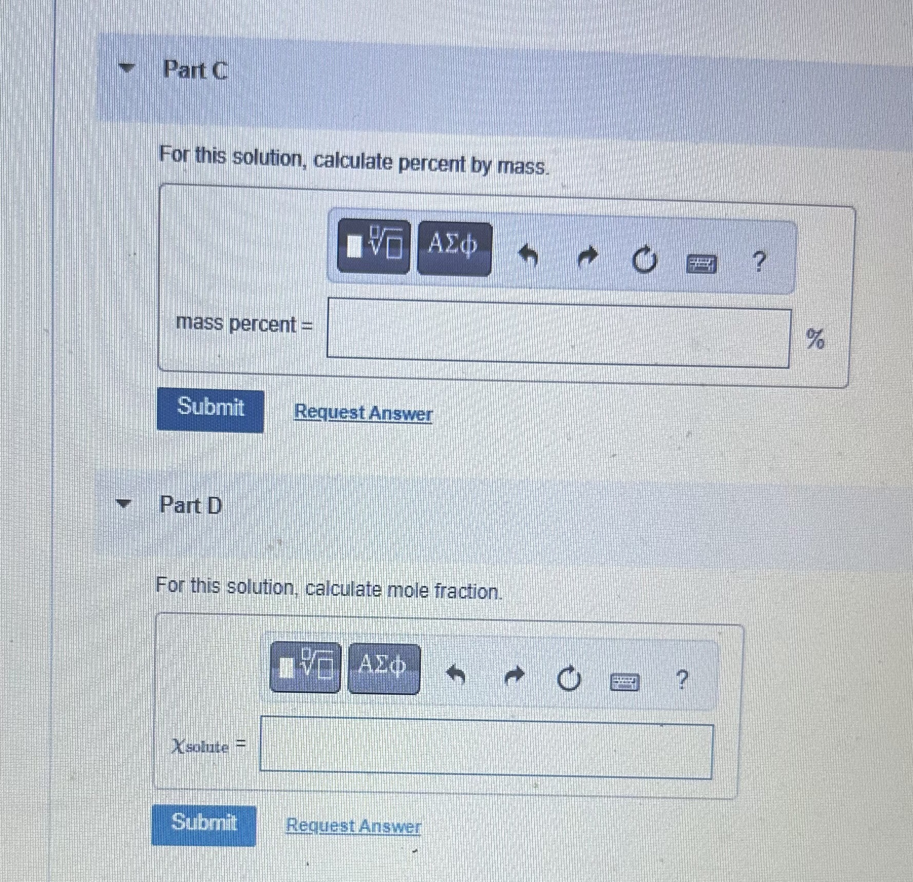 Solved For this solution, calculate percent by mass. Part D | Chegg.com