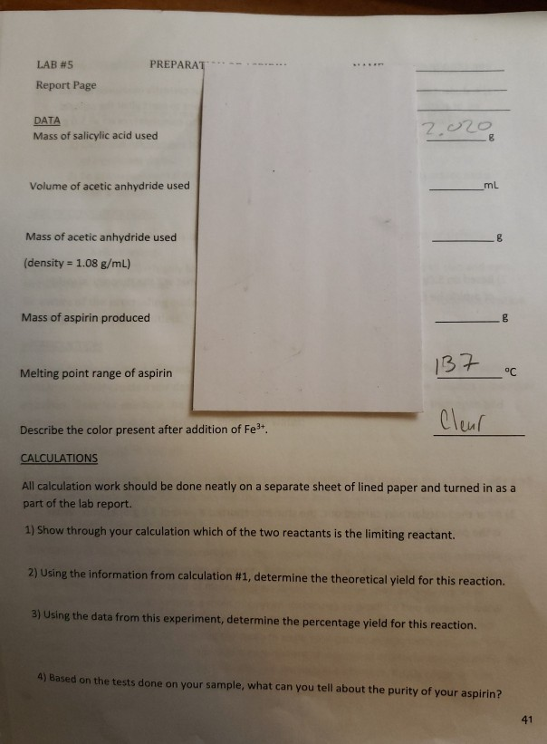 Solved LAB #5 PREPARAT Report Page DATA Mass of salicylic | Chegg.com
