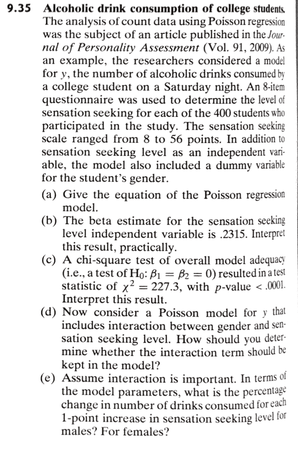 9.35 Alcoholic drink consumption of college students. | Chegg.com