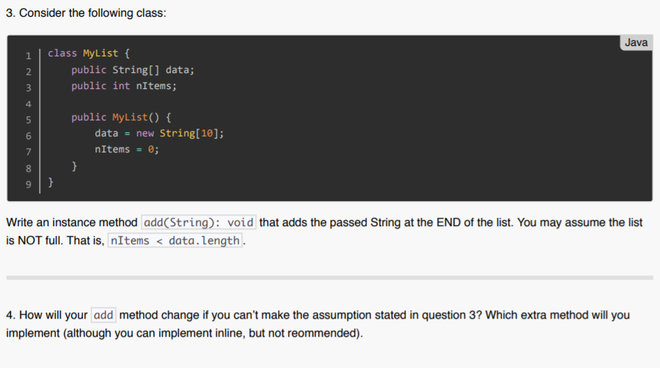 Solved 3. Consider the following class: Java 1 2 class | Chegg.com