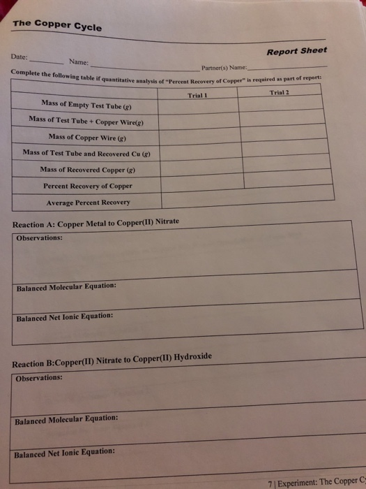 The Copper Cycle Report Sheet Date; Name: Partner(s) | Chegg.com