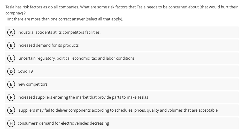 Solved Tesla has risk factors as do all companies. What are | Chegg.com
