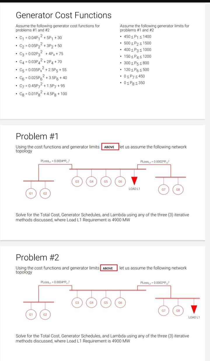 Generator Cost Functions Assume the following | Chegg.com