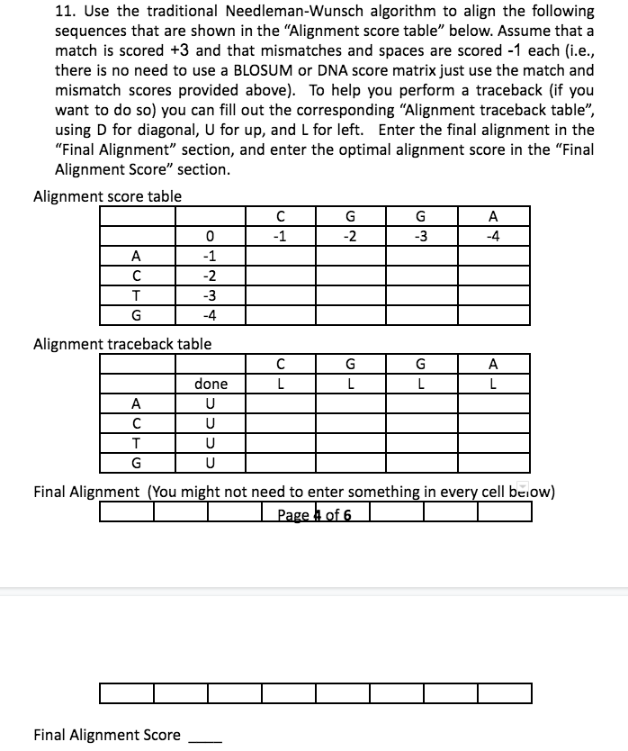 Solved 11. Use the traditional Needleman-Wunsch algorithm to | Chegg.com