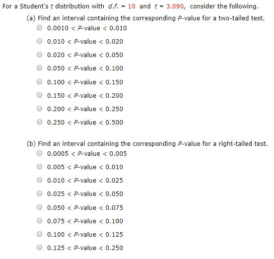 Solved For a student's t distribution with df.= 10 and t= | Chegg.com