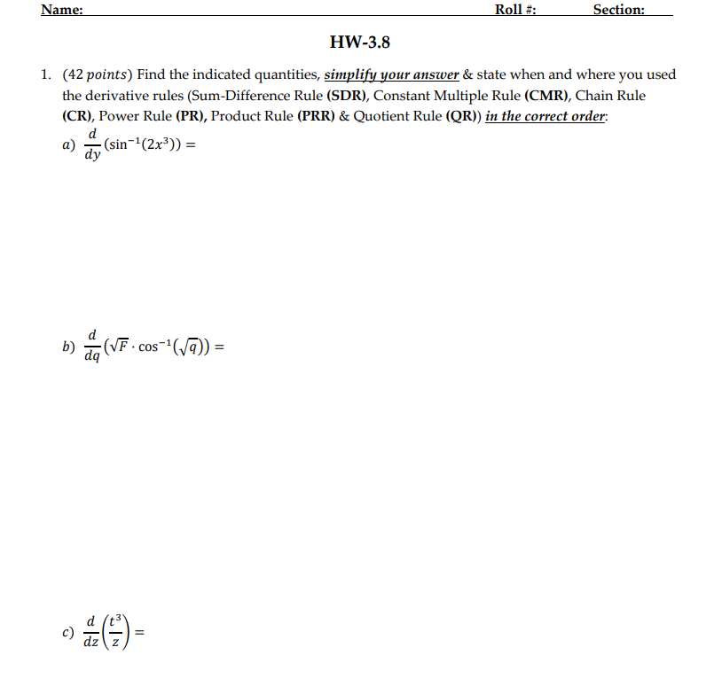 Solved HW-3.8 1. (42 points) Find the indicated quantities, | Chegg.com
