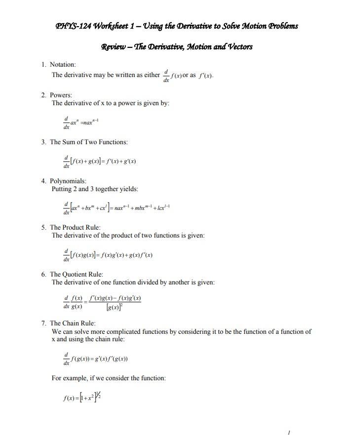 Solved PHPSS-124 Worksheet 1-Using the Derivative to Solve | Chegg.com