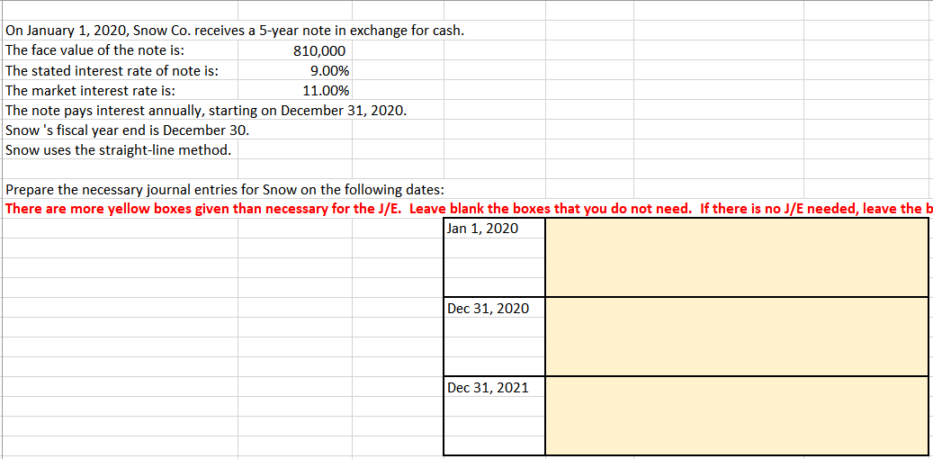 Solved On January 1, 2020, Snow Co. receives a 5-year note | Chegg.com