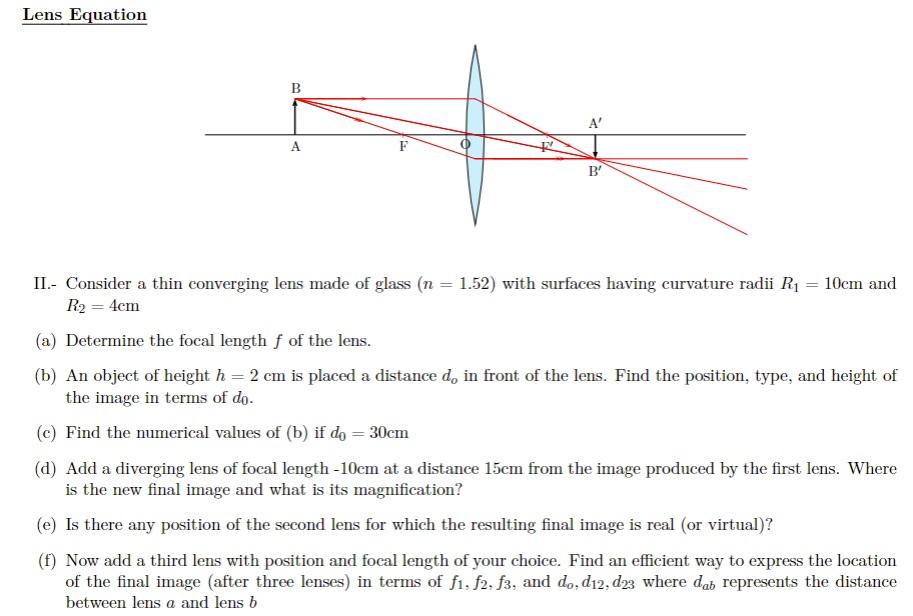 Solved Lens Equation II.- Consider a thin converging lens | Chegg.com