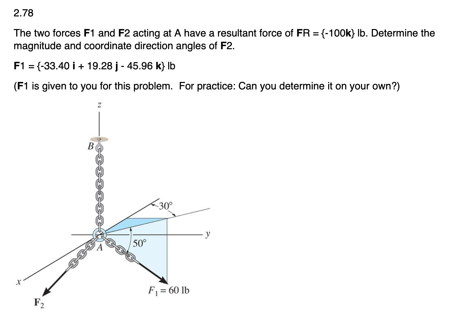 Solved 2.78 The two forces F1 and F2 acting at A have a | Chegg.com