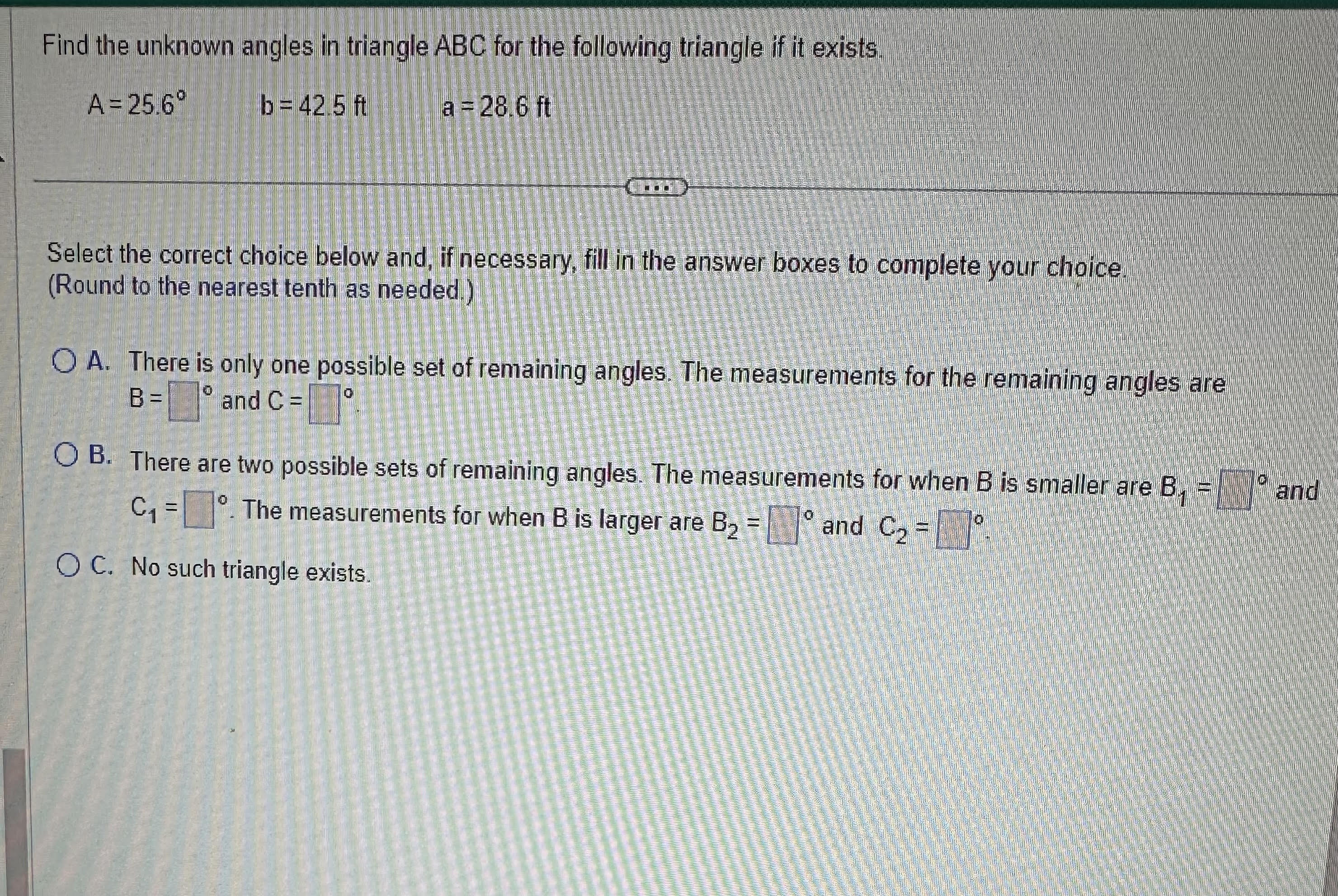 Solved Find the unknown angles in triangle ABC for the | Chegg.com