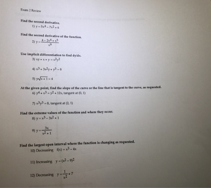 Solved Exam 2 Review Find the second derivative. I) y = | Chegg.com