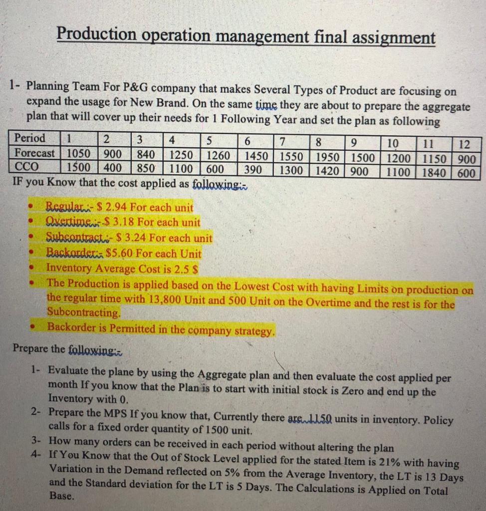 Production operation management final assignment 1- | Chegg.com