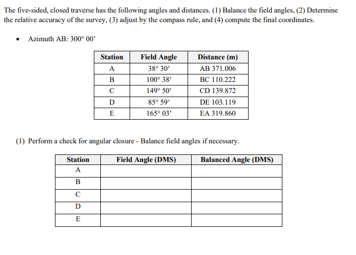 Solved The five-sided, closed traverse has the following | Chegg.com