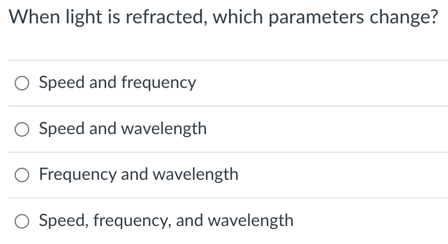 Solved When light is refracted, which parameters | Chegg.com