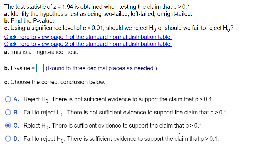 Solved The test statistic of z = 1.94 is obtained when | Chegg.com