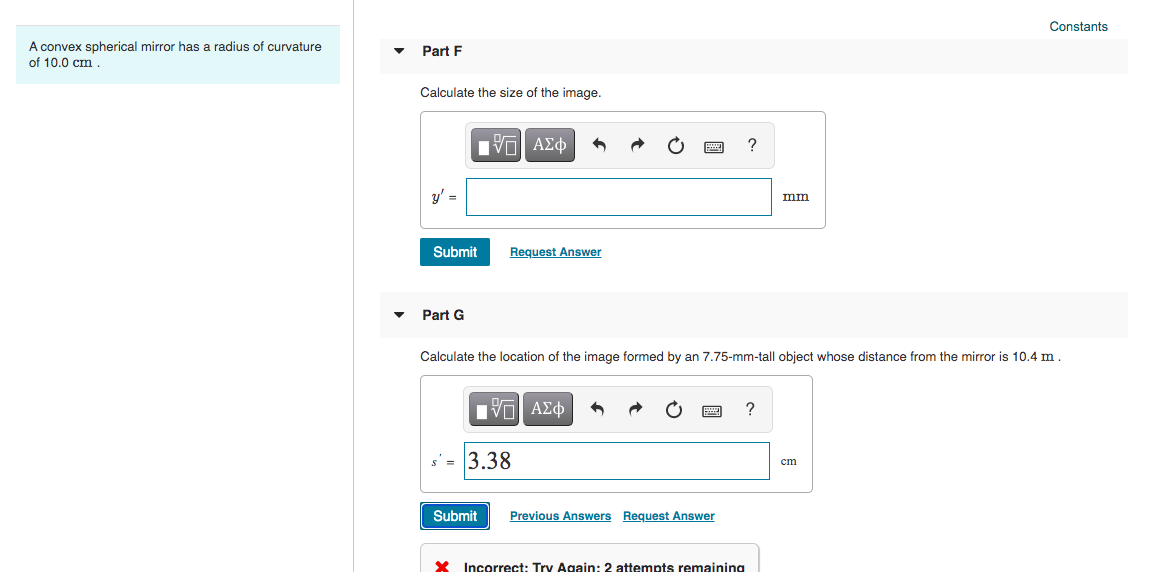Solved Constants A convex spherical mirror has a radius of | Chegg.com