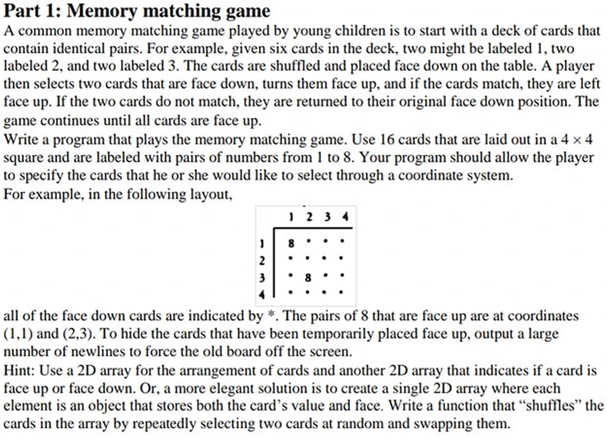 Solved Part 1: Memory matching game A common memory matching | Chegg.com