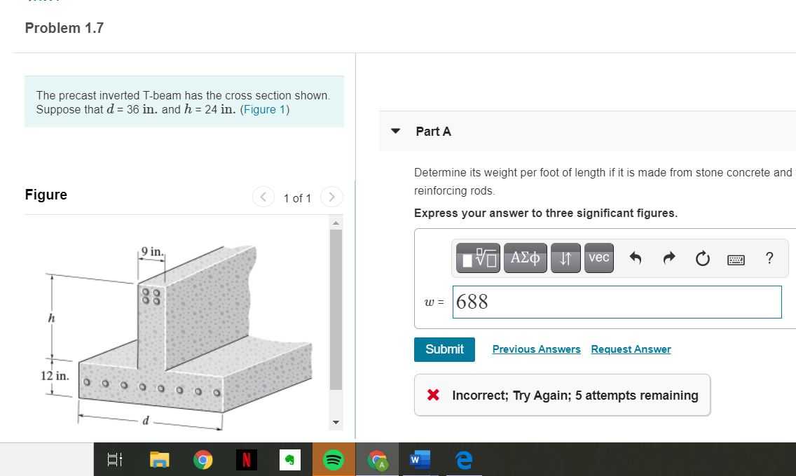 Solved Problem 1.7 The precast inverted T-beam has the cross | Chegg.com