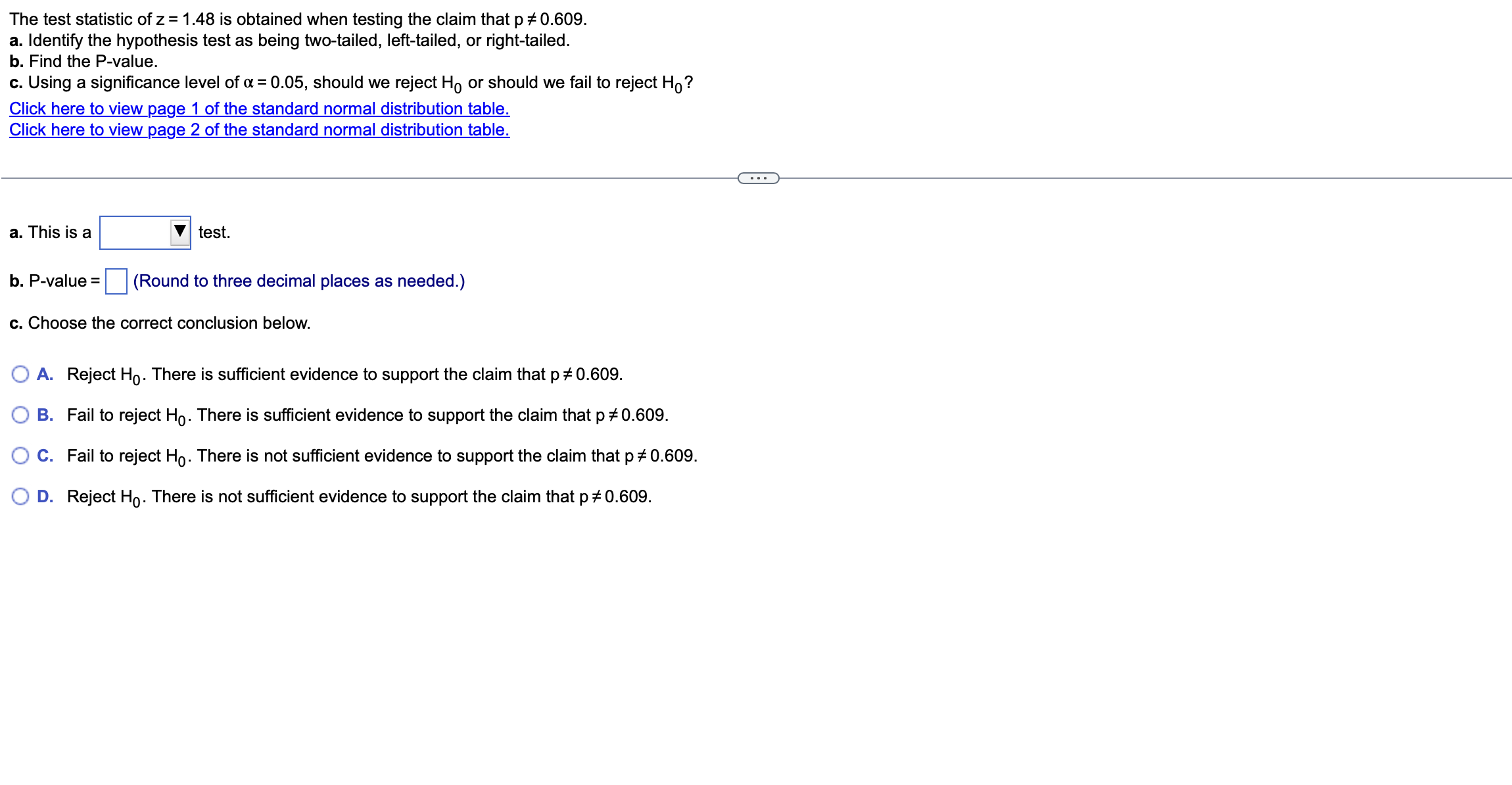 Solved The test statistic of z=1.48 ﻿is obtained when | Chegg.com