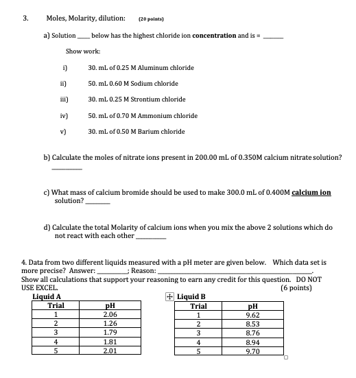 Solved 3. Moles, Molarity, dilution: (20 points) a) Solution | Chegg.com