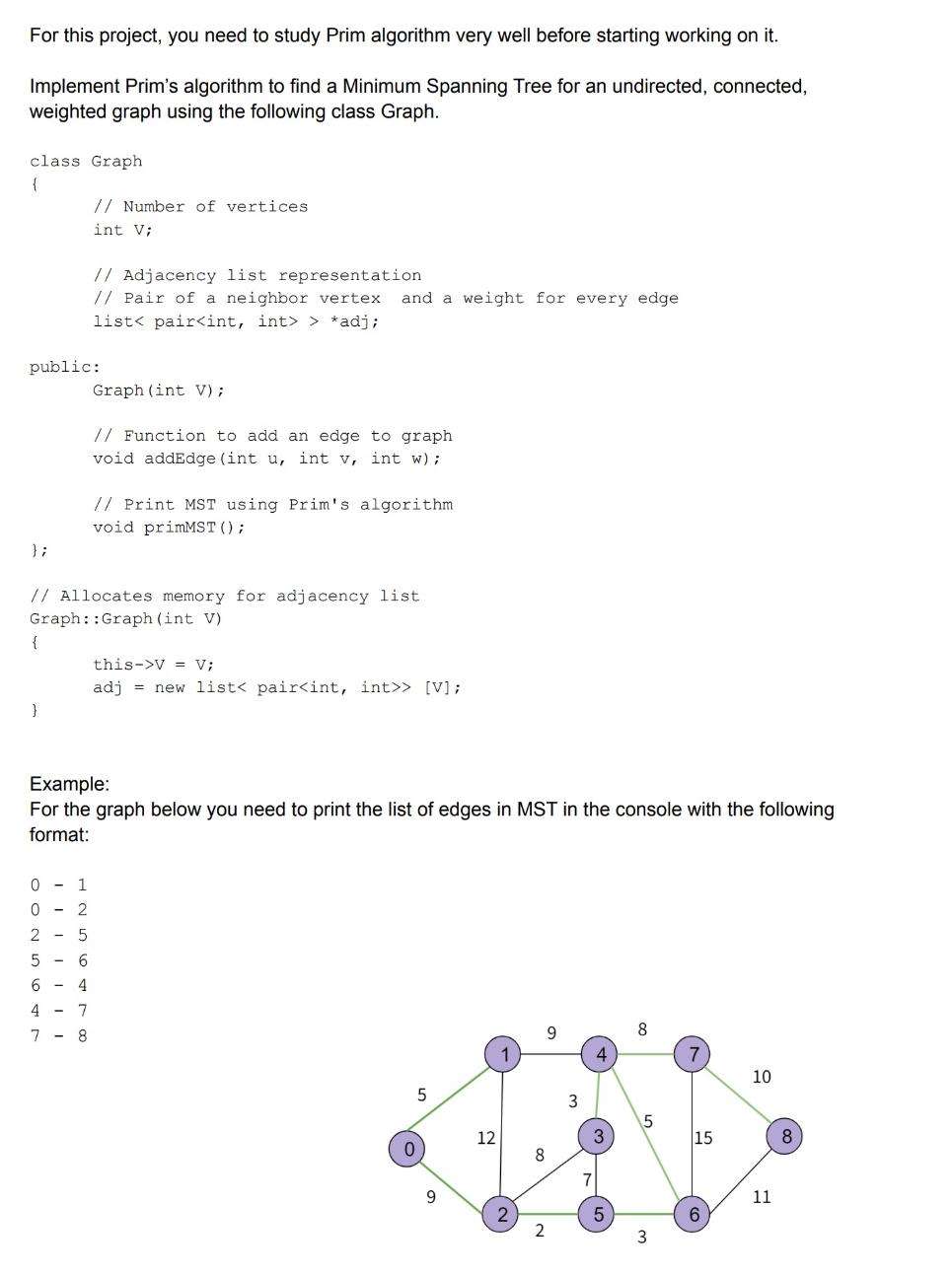 Solved For this project, you need to study Prim algorithm | Chegg.com