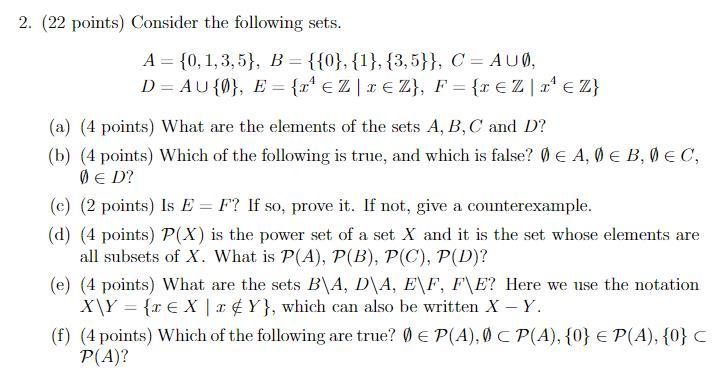 2. (22 points) Consider the following sets. | Chegg.com